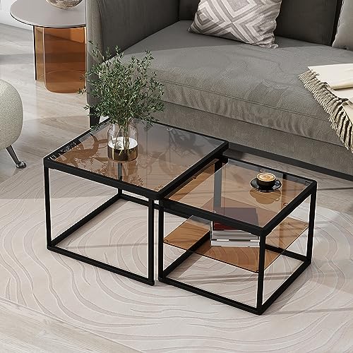 Nested Coffee Table Set with High-Low Combination Design, Modern Brown Tempered Glass Cocktail Table with Metal Frame, Length Adjustable 2-Tier Center End Table for Living Room（Brown & Black）