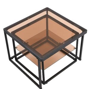 Nested Coffee Table Set with High-Low Combination Design, Modern Brown Tempered Glass Cocktail Table with Metal Frame, Length Adjustable 2-Tier Center End Table for Living Room（Brown & Black）