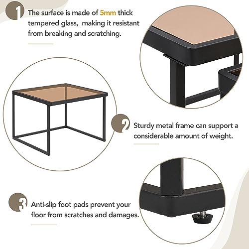 Nested Coffee Table Set with High-Low Combination Design, Modern Brown Tempered Glass Cocktail Table with Metal Frame, Length Adjustable 2-Tier Center End Table for Living Room（Brown & Black）