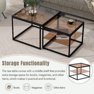 Nested Coffee Table Set with High-Low Combination Design, Modern Brown Tempered Glass Cocktail Table with Metal Frame, Length Adjustable 2-Tier Center End Table for Living Room（Brown & Black）