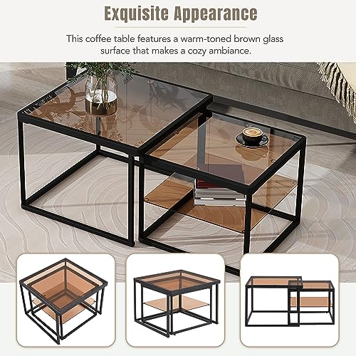 Nested Coffee Table Set with High-Low Combination Design, Modern Brown Tempered Glass Cocktail Table with Metal Frame, Length Adjustable 2-Tier Center End Table for Living Room（Brown & Black）