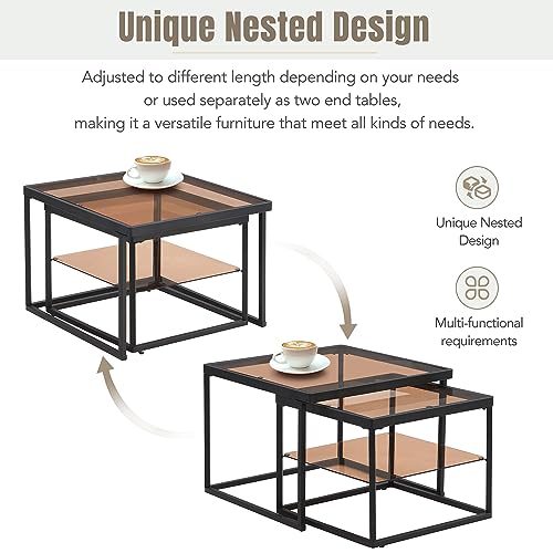 Nested Coffee Table Set with High-Low Combination Design, Modern Brown Tempered Glass Cocktail Table with Metal Frame, Length Adjustable 2-Tier Center End Table for Living Room（Brown & Black）