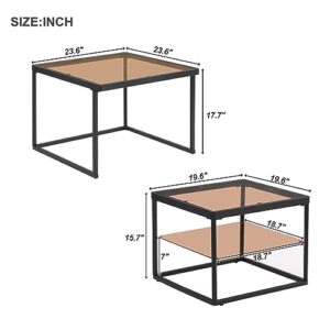 Nested Coffee Table Set with High-Low Combination Design, Modern Brown Tempered Glass Cocktail Table with Metal Frame, Length Adjustable 2-Tier Center End Table for Living Room（Brown & Black）