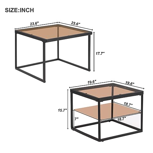 Nested Coffee Table Set with High-Low Combination Design, Modern Brown Tempered Glass Cocktail Table with Metal Frame, Length Adjustable 2-Tier Center End Table for Living Room（Brown & Black）