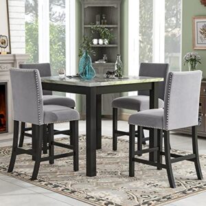 WOZNLA Room 5-Piece Counter Height Dining Set, Square Faux Marble Table with 4 Comfortable Upholstered Chairs, Small Family Kitchen Gathering, Gray