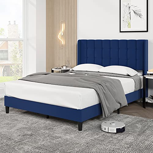 IDEALHOUSE Queen Size Bed Frame with Headboard Wingback, Upholstered Platform Bed with Button Tufted Headboard, Wooden Slats Support, Easy Assembly, Noise-Free, No Box Spring Needed, Blue