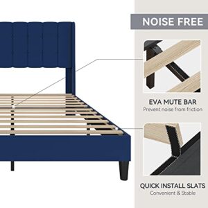 IDEALHOUSE Queen Size Bed Frame with Headboard Wingback, Upholstered Platform Bed with Button Tufted Headboard, Wooden Slats Support, Easy Assembly, Noise-Free, No Box Spring Needed, Blue