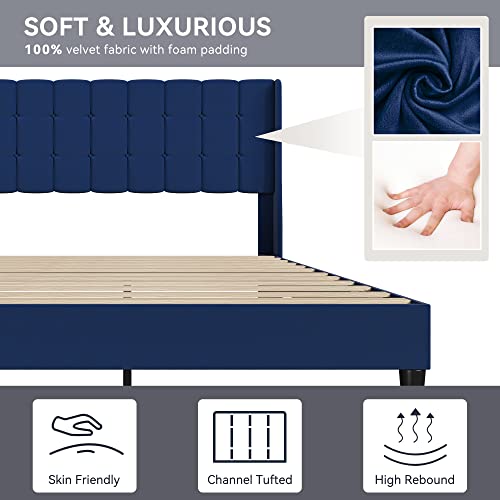 IDEALHOUSE Queen Size Bed Frame with Headboard Wingback, Upholstered Platform Bed with Button Tufted Headboard, Wooden Slats Support, Easy Assembly, Noise-Free, No Box Spring Needed, Blue