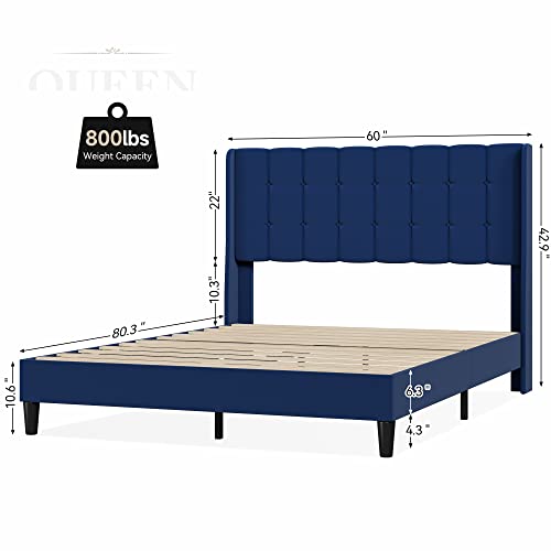 IDEALHOUSE Queen Size Bed Frame with Headboard Wingback, Upholstered Platform Bed with Button Tufted Headboard, Wooden Slats Support, Easy Assembly, Noise-Free, No Box Spring Needed, Blue