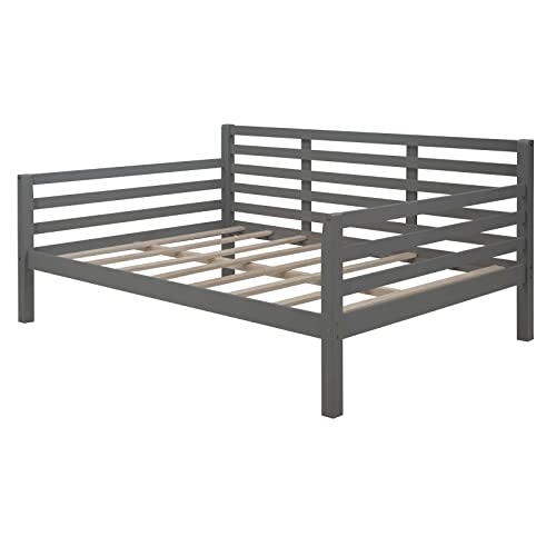 Full Size Wooden Daybed Frame, Dual-use Sturdy Sofa Bed with Wood Slat Support for Bedroom Living Room, No Spring Box Needed for Boys Girls Teens Adults, Under Bed Storage, Space Saving (Gray)