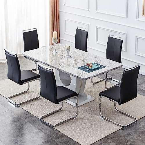 HomVent Modern Marble Dining Table & Chair Sets for 6, Rectangle Marble Table Top with 6 PU Faux Leather Chairs for Dining Room Kitchen (Grey2-1 Table, 6 Black Chairs)