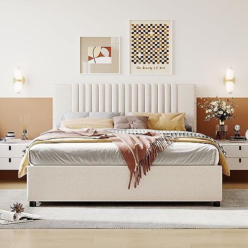 Prohon Upholstered Platform Bed with Classic Headboard and 4 Drawers, Space-Saving Bed Frame Queen Size, Strong Slat Wooden Support with Comfortable Linen Fabric, No Box Spring Needed, Beige