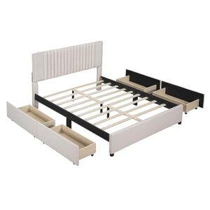 Prohon Upholstered Platform Bed with Classic Headboard and 4 Drawers, Space-Saving Bed Frame Queen Size, Strong Slat Wooden Support with Comfortable Linen Fabric, No Box Spring Needed, Beige