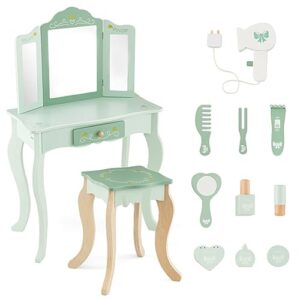 tuochufun girls vanity, 2 in 1 kids vanity princess makeup dressing table chair set with tri-fold mirror (green)