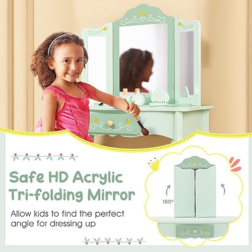 TUOCHUFUN Girls Vanity, 2 in 1 Kids Vanity Princess Makeup Dressing Table Chair Set with Tri-fold Mirror (Green)