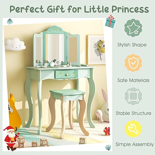 TUOCHUFUN Girls Vanity, 2 in 1 Kids Vanity Princess Makeup Dressing Table Chair Set with Tri-fold Mirror (Green)