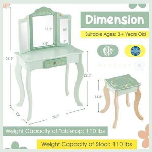 TUOCHUFUN Girls Vanity, 2 in 1 Kids Vanity Princess Makeup Dressing Table Chair Set with Tri-fold Mirror (Green)