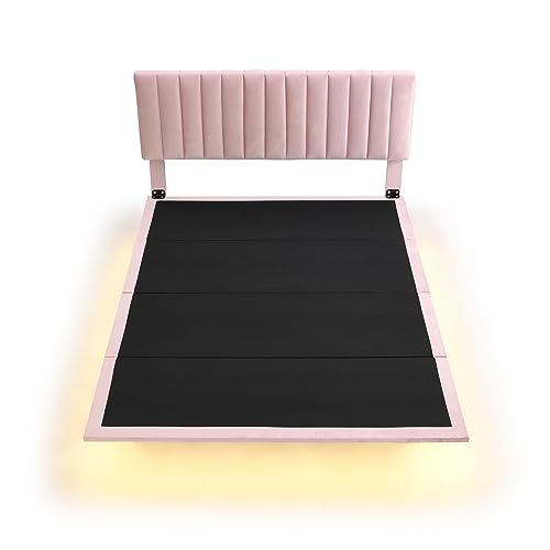 Livavege Queen Floating Bed Frame with LED Lights, Velvet Upholstered Platform Bed with Headboard for Bedroom, Modern Bedframe Queen Size with Spacious Under-Bed Storage, Easy Assembly