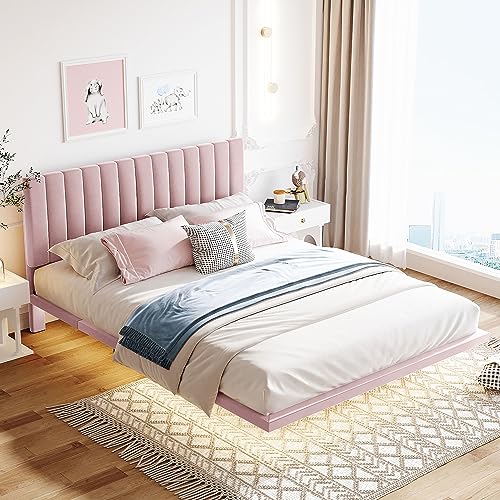 Livavege Queen Floating Bed Frame with LED Lights, Velvet Upholstered Platform Bed with Headboard for Bedroom, Modern Bedframe Queen Size with Spacious Under-Bed Storage, Easy Assembly