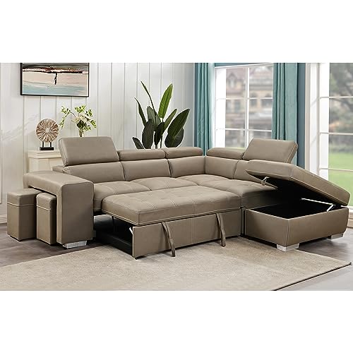 THSUPER 104'' Sectional Sleeper Sofa with Pull Out Bed and Storage Chaise Ottoman, L Shaped Sectional Couch with Reclining Headrest and Stools for Living Room, Microfiber Upholstered - Light Brown