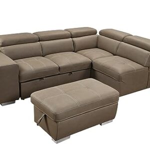 THSUPER 104'' Sectional Sleeper Sofa with Pull Out Bed and Storage Chaise Ottoman, L Shaped Sectional Couch with Reclining Headrest and Stools for Living Room, Microfiber Upholstered - Light Brown