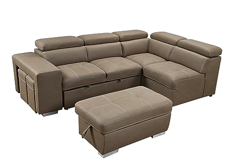 THSUPER 104'' Sectional Sleeper Sofa with Pull Out Bed and Storage Chaise Ottoman, L Shaped Sectional Couch with Reclining Headrest and Stools for Living Room, Microfiber Upholstered - Light Brown