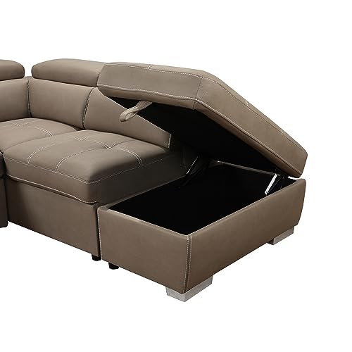 THSUPER 104'' Sectional Sleeper Sofa with Pull Out Bed and Storage Chaise Ottoman, L Shaped Sectional Couch with Reclining Headrest and Stools for Living Room, Microfiber Upholstered - Light Brown