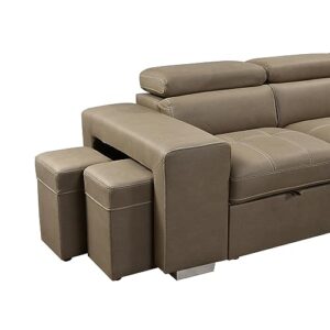 THSUPER 104'' Sectional Sleeper Sofa with Pull Out Bed and Storage Chaise Ottoman, L Shaped Sectional Couch with Reclining Headrest and Stools for Living Room, Microfiber Upholstered - Light Brown