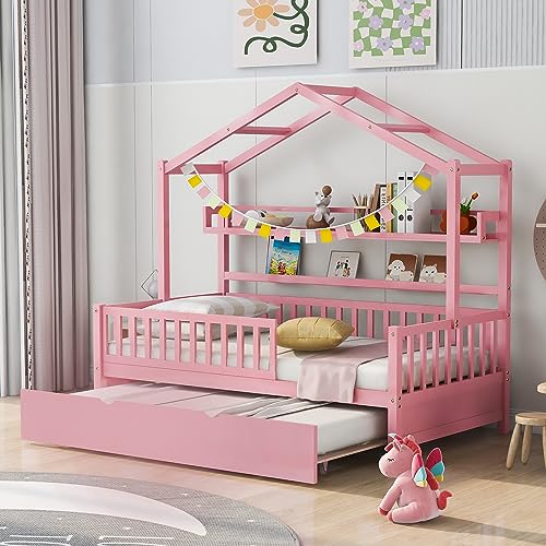 Twin Size House Bed for Kids, Wooden Floor Bed Frame with Trundle & House Roof Frame, Kids Bed Twin with Shelf, Guardrails & Slat Support, Box Spring Needed (Pink)