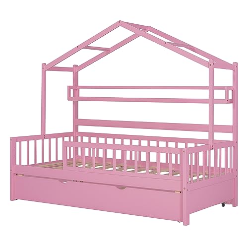 Twin Size House Bed for Kids, Wooden Floor Bed Frame with Trundle & House Roof Frame, Kids Bed Twin with Shelf, Guardrails & Slat Support, Box Spring Needed (Pink)