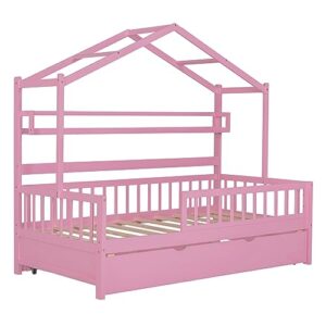 Twin Size House Bed for Kids, Wooden Floor Bed Frame with Trundle & House Roof Frame, Kids Bed Twin with Shelf, Guardrails & Slat Support, Box Spring Needed (Pink)