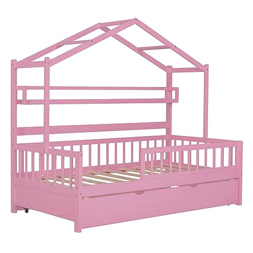 Twin Size House Bed for Kids, Wooden Floor Bed Frame with Trundle & House Roof Frame, Kids Bed Twin with Shelf, Guardrails & Slat Support, Box Spring Needed (Pink)