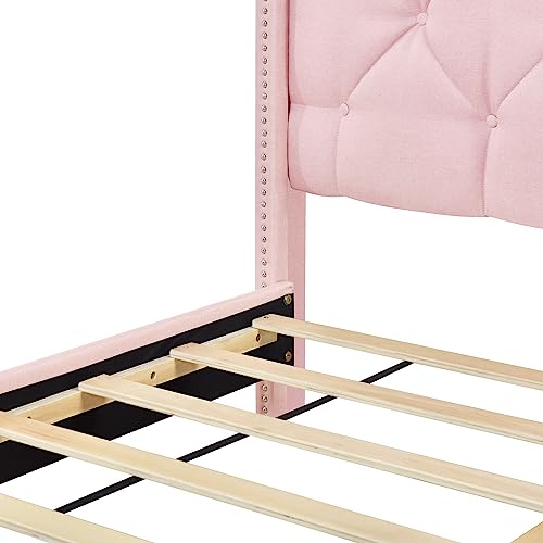 OMMGG Queen Size Upholstered Platform Bed with Two Drawers and Button Tufted Headboard, Linen Fabric Storage Bedframe w/Reinforced Wooden Slats & 4 Supporting Legs, No Box Spring Needed