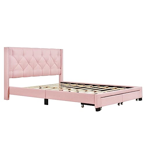 OMMGG Queen Size Upholstered Platform Bed with Two Drawers and Button Tufted Headboard, Linen Fabric Storage Bedframe w/Reinforced Wooden Slats & 4 Supporting Legs, No Box Spring Needed