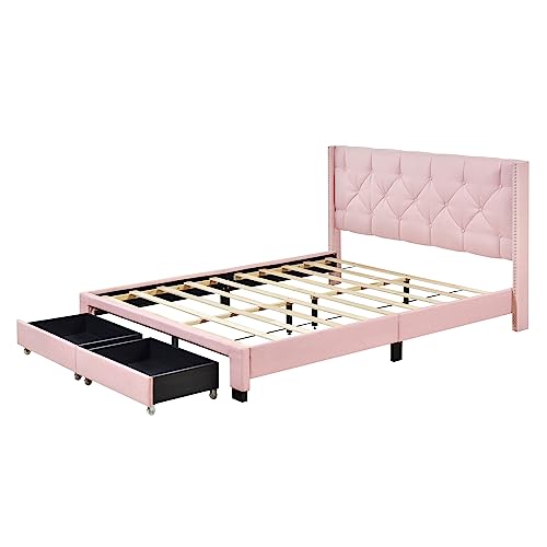 OMMGG Queen Size Upholstered Platform Bed with Two Drawers and Button Tufted Headboard, Linen Fabric Storage Bedframe w/Reinforced Wooden Slats & 4 Supporting Legs, No Box Spring Needed