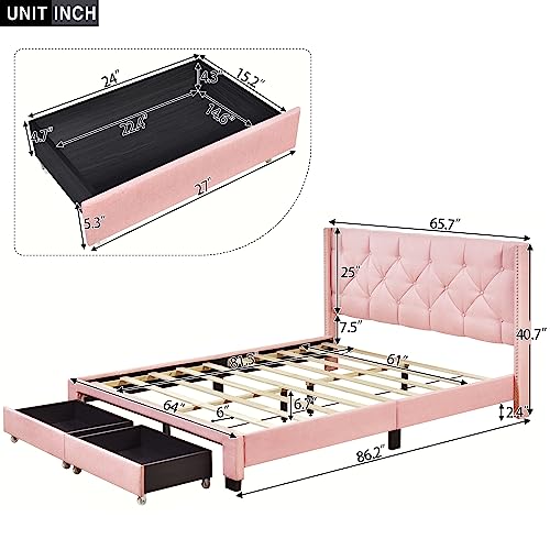 OMMGG Queen Size Upholstered Platform Bed with Two Drawers and Button Tufted Headboard, Linen Fabric Storage Bedframe w/Reinforced Wooden Slats & 4 Supporting Legs, No Box Spring Needed