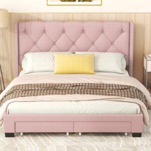 OMMGG Queen Size Upholstered Platform Bed with Two Drawers and Button Tufted Headboard, Linen Fabric Storage Bedframe w/Reinforced Wooden Slats & 4 Supporting Legs, No Box Spring Needed