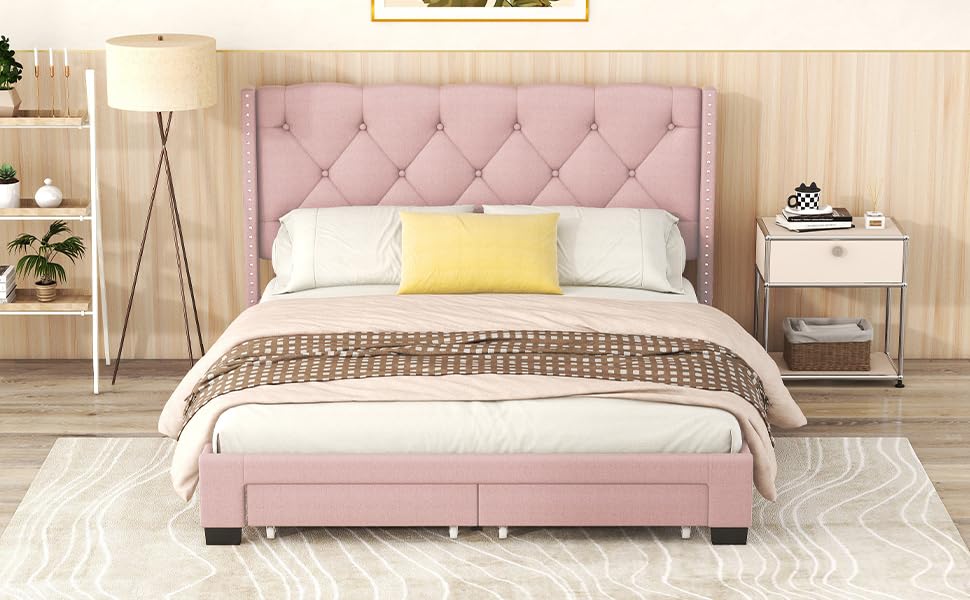 OMMGG Queen Size Upholstered Platform Bed with Two Drawers and Button Tufted Headboard, Linen Fabric Storage Bedframe w/Reinforced Wooden Slats & 4 Supporting Legs, No Box Spring Needed