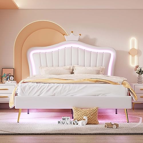 Queen/Full Size Upholstered Bed Frame with Led Lights, Modern Upholstered Princess Bed with Crown Headboard, Wooden Slats Support, No Spring Box Needed (Queen, White)