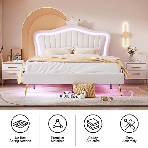 Queen/Full Size Upholstered Bed Frame with Led Lights, Modern Upholstered Princess Bed with Crown Headboard, Wooden Slats Support, No Spring Box Needed (Queen, White)