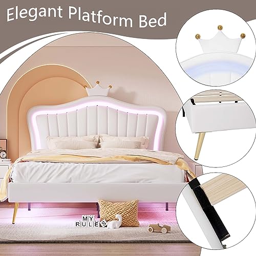 Queen/Full Size Upholstered Bed Frame with Led Lights, Modern Upholstered Princess Bed with Crown Headboard, Wooden Slats Support, No Spring Box Needed (Queen, White)