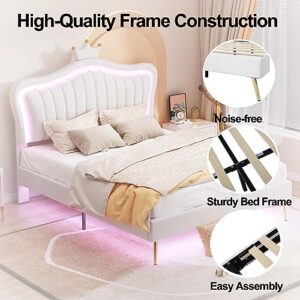 Queen/Full Size Upholstered Bed Frame with Led Lights, Modern Upholstered Princess Bed with Crown Headboard, Wooden Slats Support, No Spring Box Needed (Queen, White)