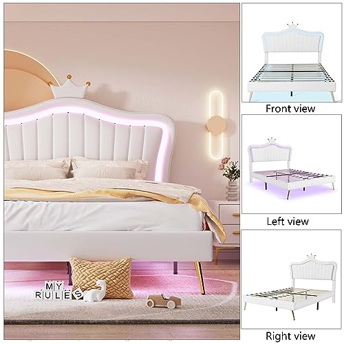 Queen/Full Size Upholstered Bed Frame with Led Lights, Modern Upholstered Princess Bed with Crown Headboard, Wooden Slats Support, No Spring Box Needed (Queen, White)