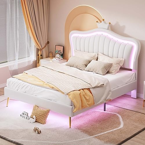 Queen/Full Size Upholstered Bed Frame with Led Lights, Modern Upholstered Princess Bed with Crown Headboard, Wooden Slats Support, No Spring Box Needed (Queen, White)