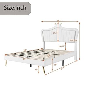 Queen/Full Size Upholstered Bed Frame with Led Lights, Modern Upholstered Princess Bed with Crown Headboard, Wooden Slats Support, No Spring Box Needed (Queen, White)