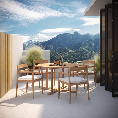 Oxford Garden Lido 5 Pc Teak Dining Set W/ 48 Inch Round Table in Natural/Bliss Linen