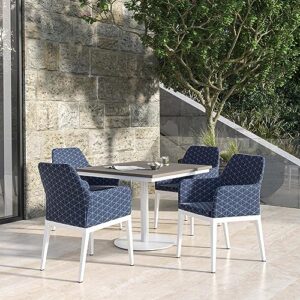 oxford garden oland 5 pc aluminum dining set w/vintage tekwood table top in chalk/quilted spectrum indigo