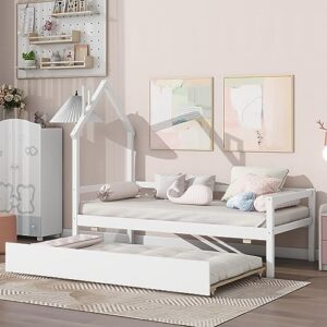 geevivo twin daybed with trundle, wooden twin size platform day bed frame with house-shape headboard, modern sofa bedframe for boys/girls/teens/kids bedroom, no box spring required (white)