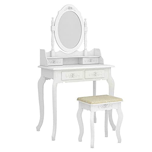 WINVOX Vanity Table Set Jewelry Wood Desk with 4 Drawer,Makeup Dressing Table Makeup Table with Oval Mirror Cushioned Stool,Girls Women Bedroom Furniture Set Oval Mirror White ZLYCFCDUS