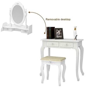 WINVOX Vanity Table Set Jewelry Wood Desk with 4 Drawer,Makeup Dressing Table Makeup Table with Oval Mirror Cushioned Stool,Girls Women Bedroom Furniture Set Oval Mirror White ZLYCFCDUS